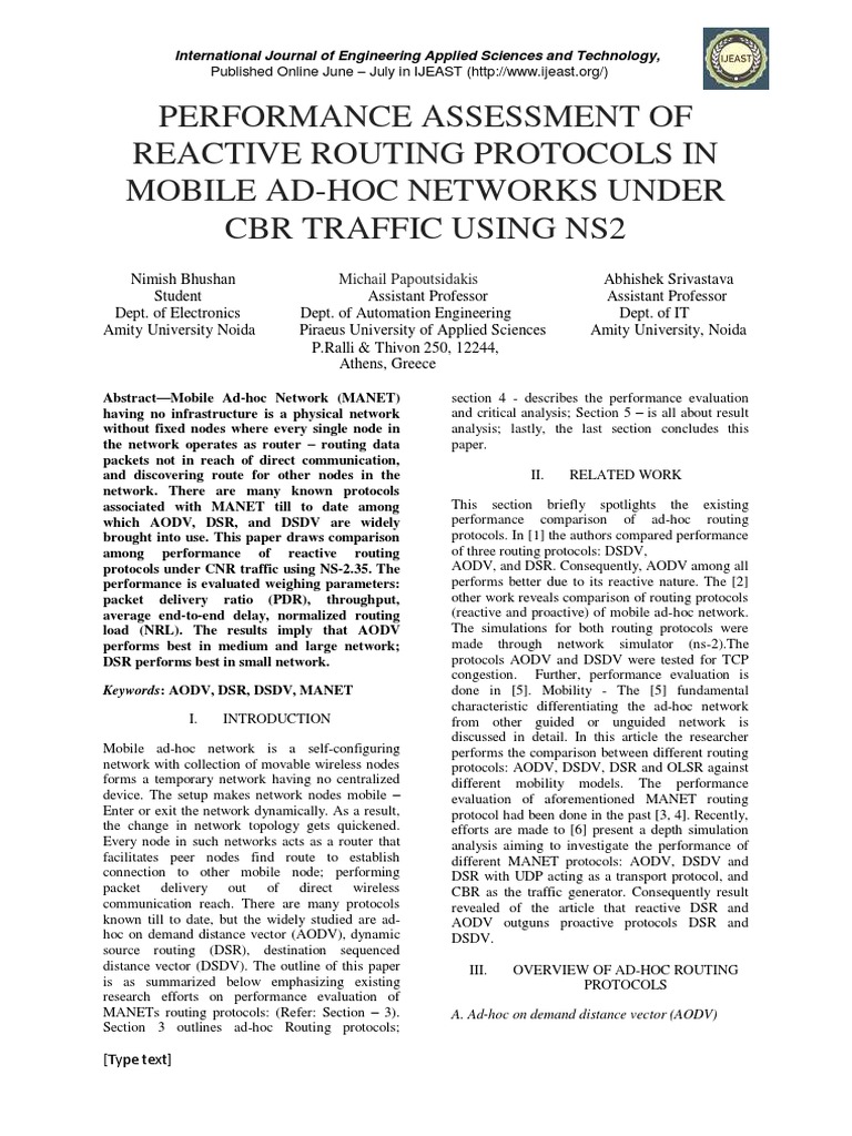 Performance Assessment Of Reactive Routing Protocols In Mobile Ad Hoc Networks Under Cbr Traffic