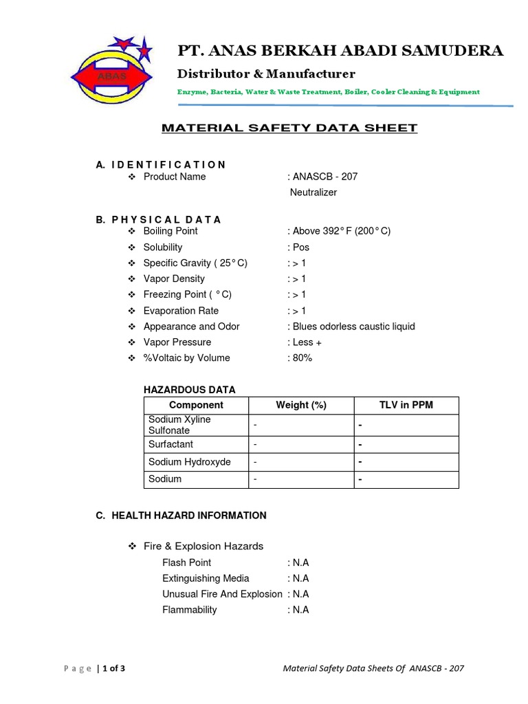 Material Safety Data Sheet for ANASCB-207 Neutralizer: Physical and ...