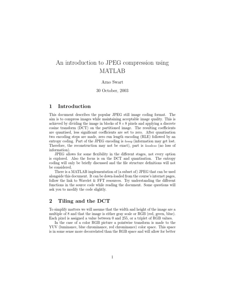 An Introduction To JPEG Compression Using Matlab: Arno Swart 30 October, 2003 | PDF | Data ...