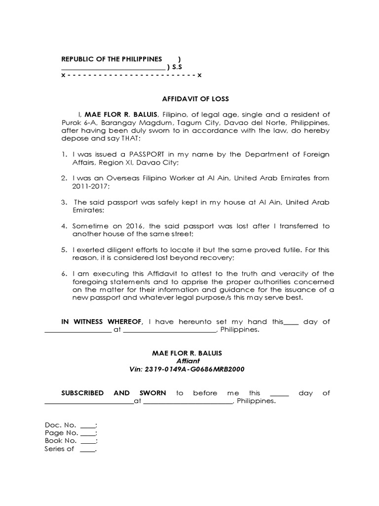 Affidavits of Loss: Documents Establishing the Loss of Passports Due to ...