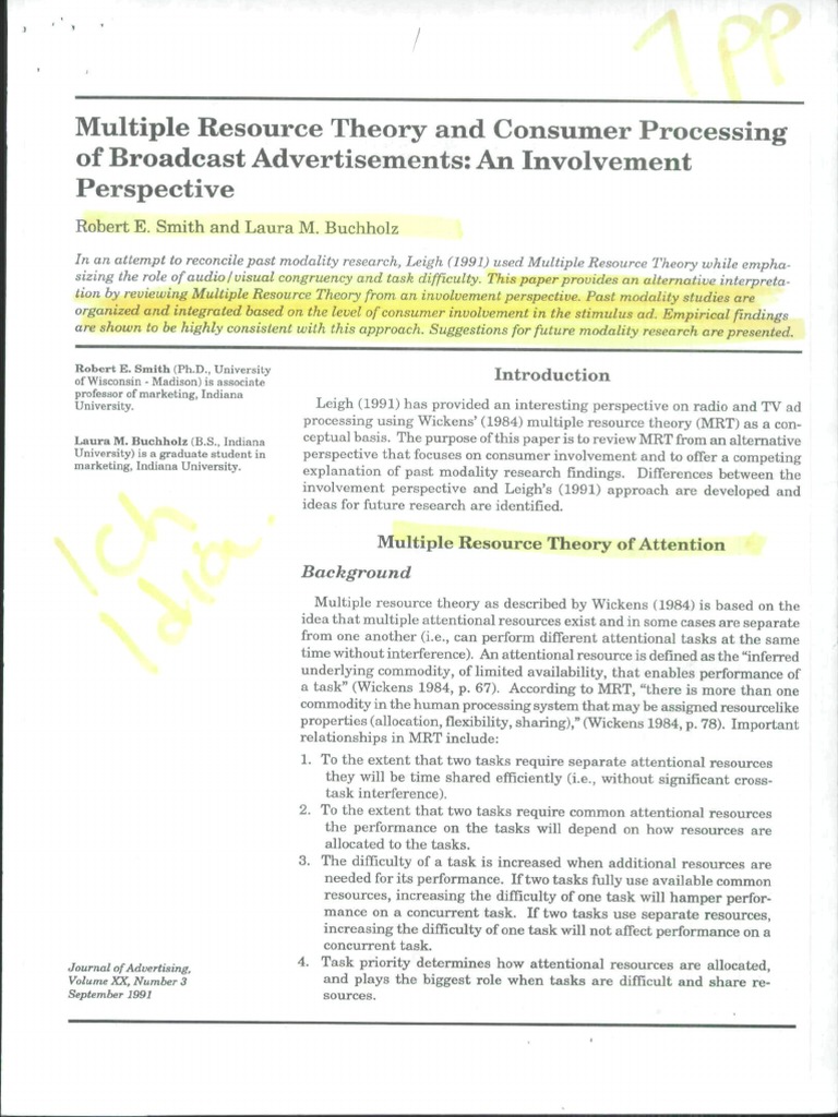 Of Broadcast Advertisements: An Involvement Perspective: Multiple Resource Theory and Consumer ...