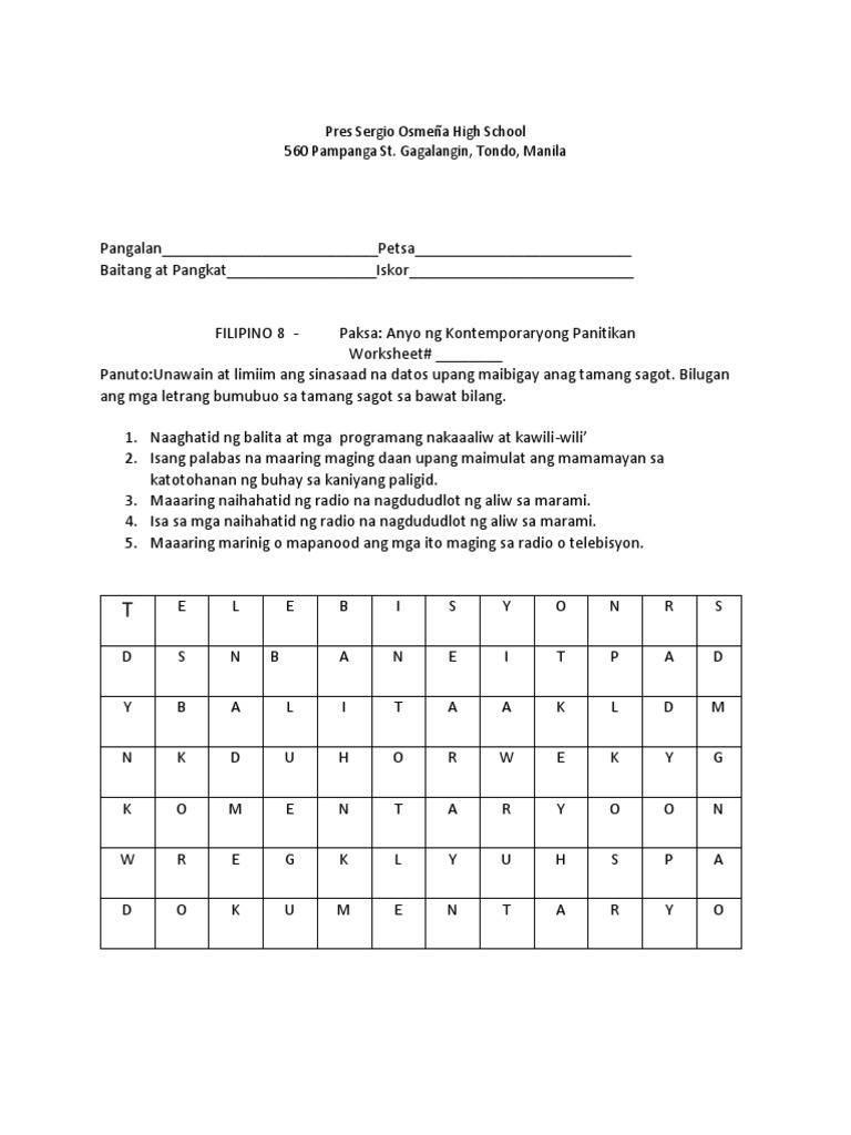 Activity Sheet Filipino 8