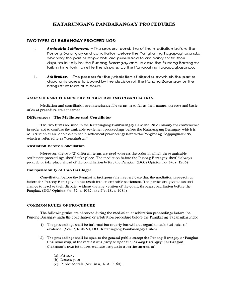 Katarungang Pambarangay Procedures | PDF | Mediation | Arbitration