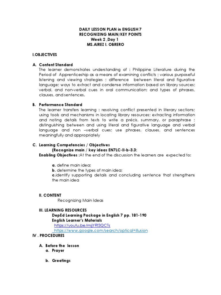 Lesson Plan (Main Idea) | PDF | Lesson Plan | Learning