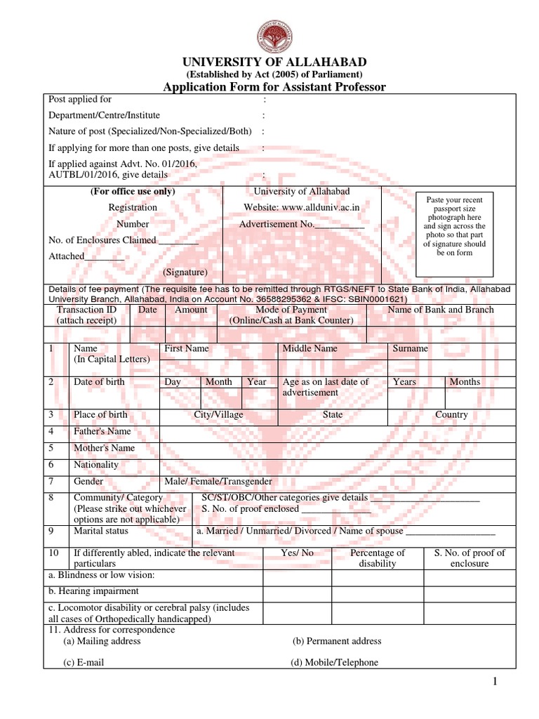 Allahabad University Assistant Professor Form | PDF | Doctor Of ...