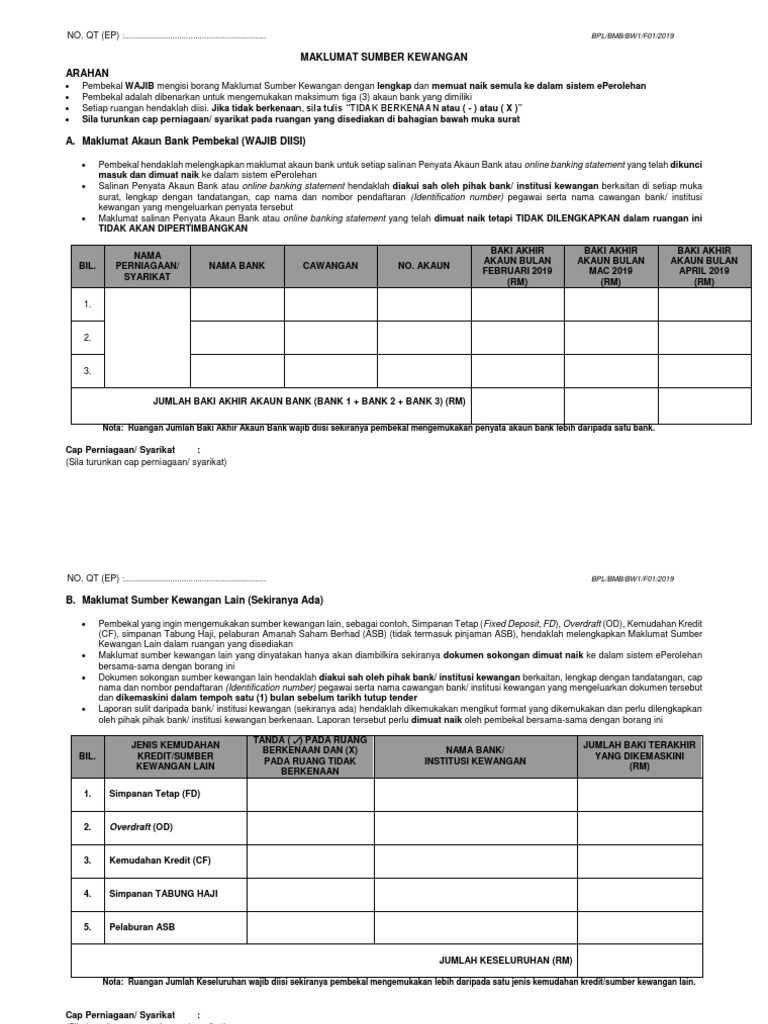 Contoh Borang Maklumat Sumber Kewangan Tender KPM | PDF