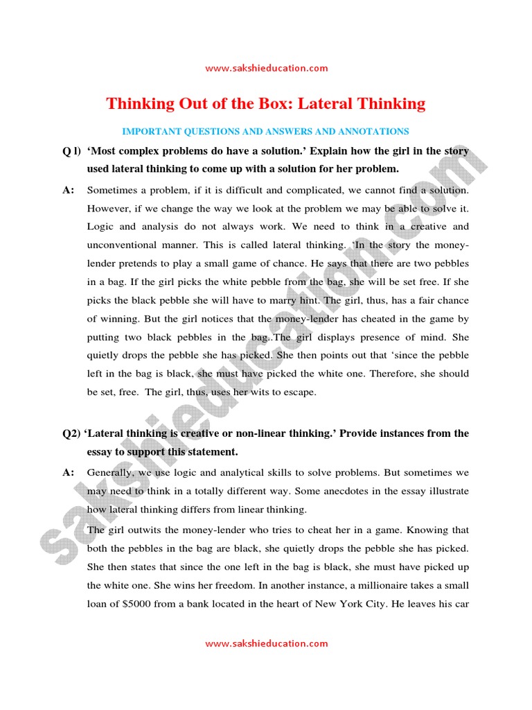 Thinking Out of The Box: Lateral Thinking: Important Questions and ...