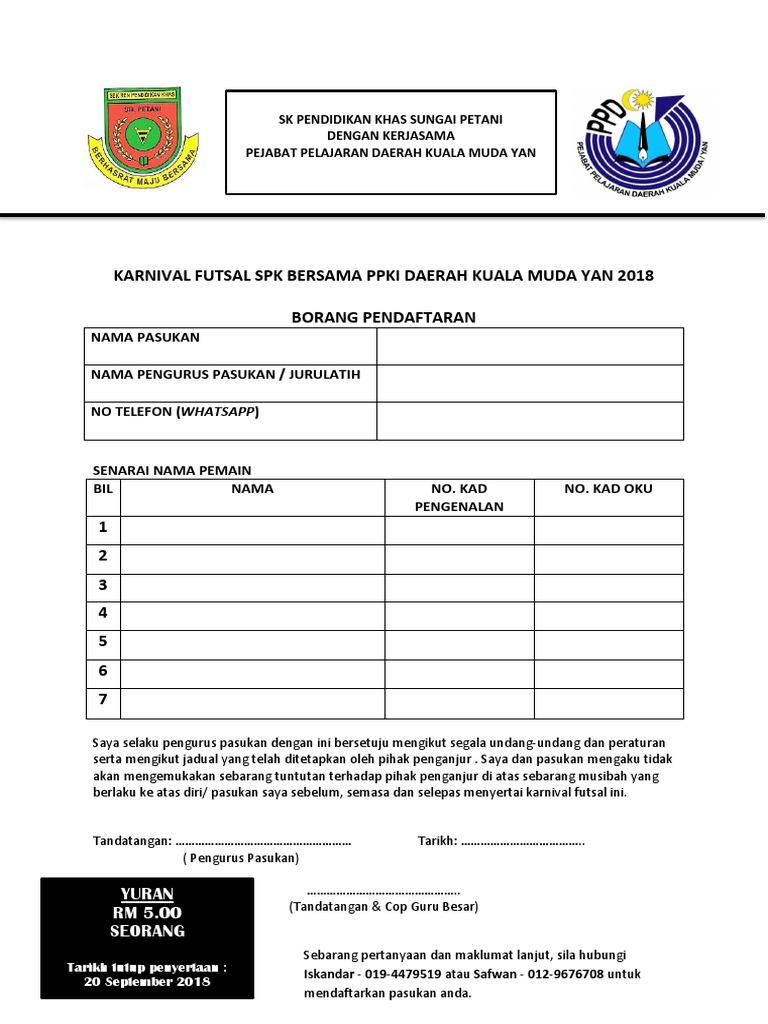 Borang Pendaftaran Karnival Futsal SPK Ppki 2018 | PDF