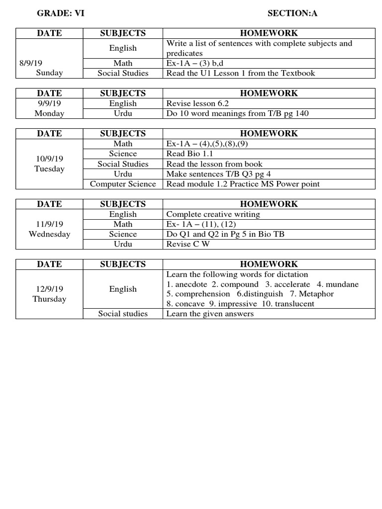 Grade: Vi Section:A Date Subjects Homework | PDF | Linguistics | Cognition