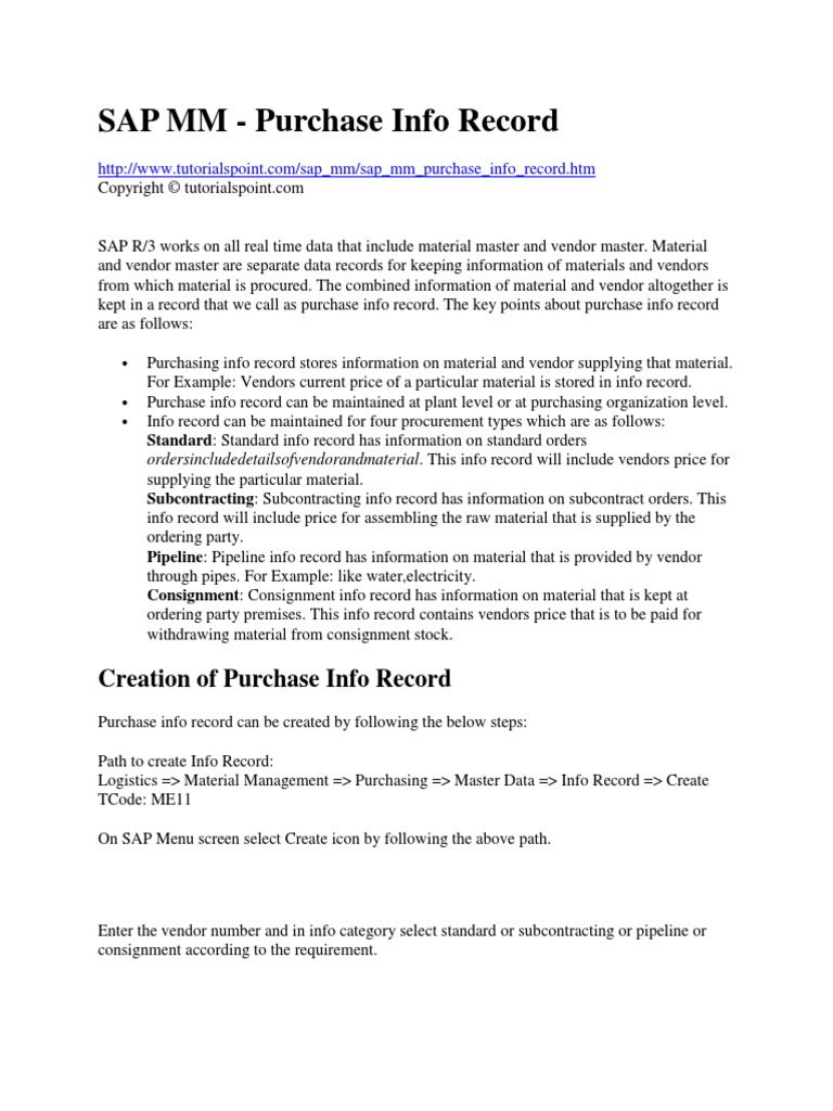 10.SAP MM - Purchase Info Record | PDF