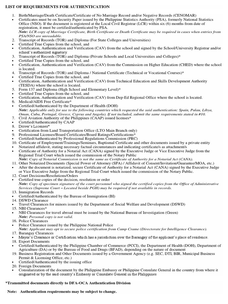 List of Requirements For Authentication | PDF | Notary Public | Government
