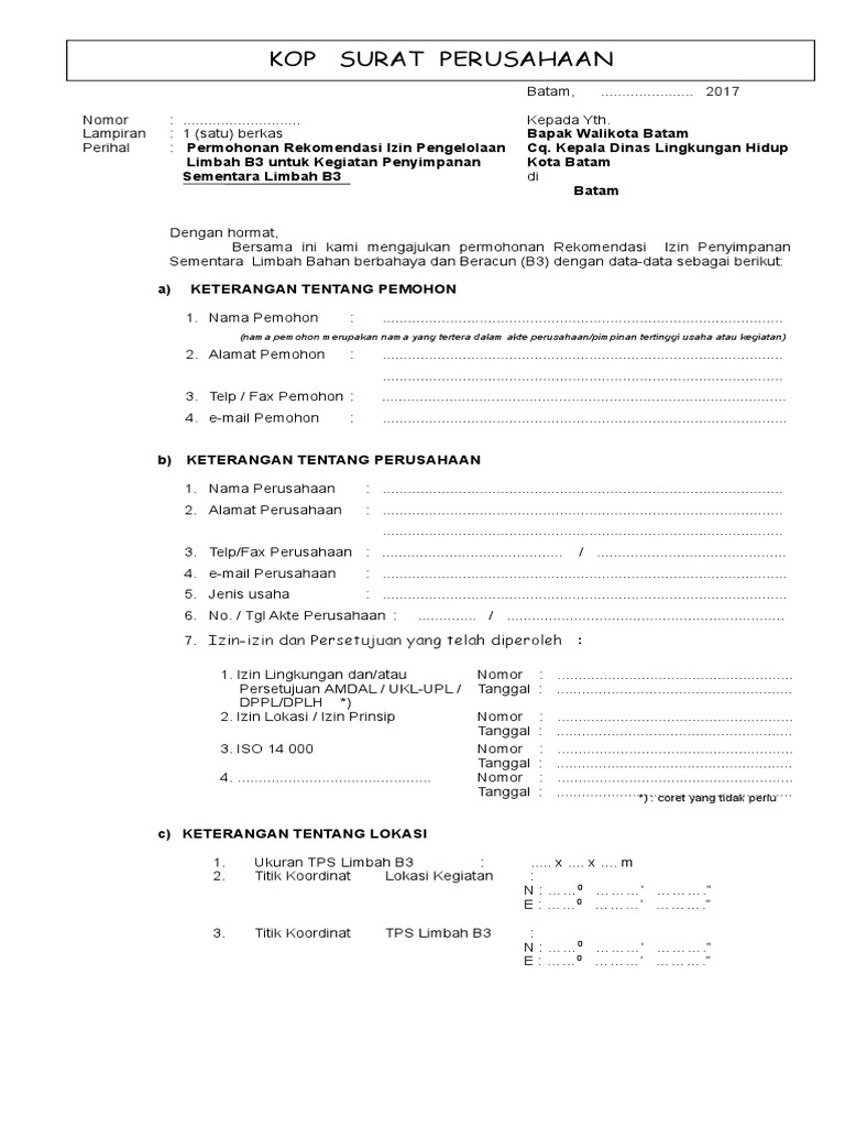 Permohonan Rekom Penyimpanan Limbah B3 | PDF