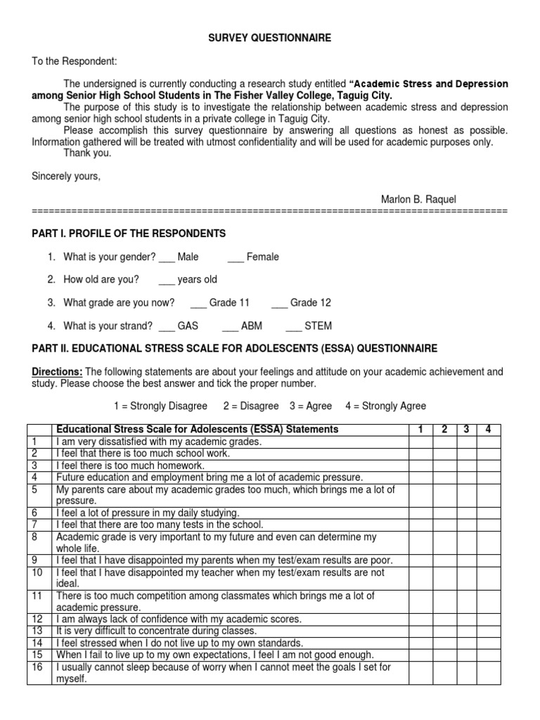 Survey Questionnaire Depression - Senior High | PDF | Questionnaire ...