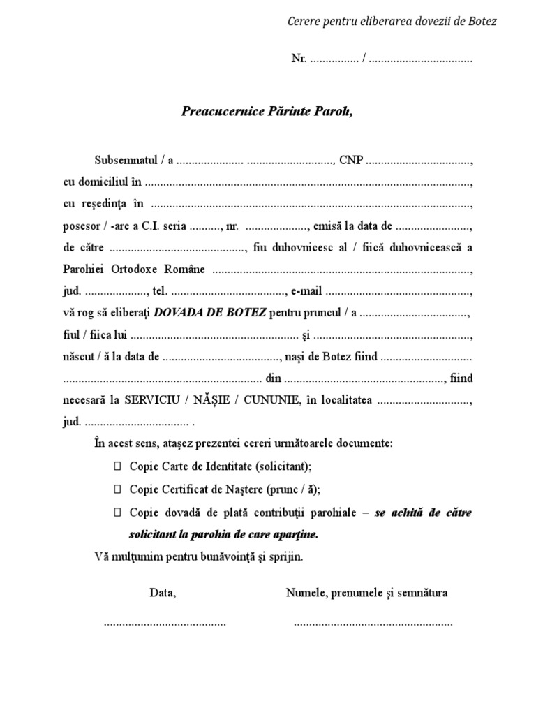 CERERE Eliberare Certificat de BOTEZ | PDF