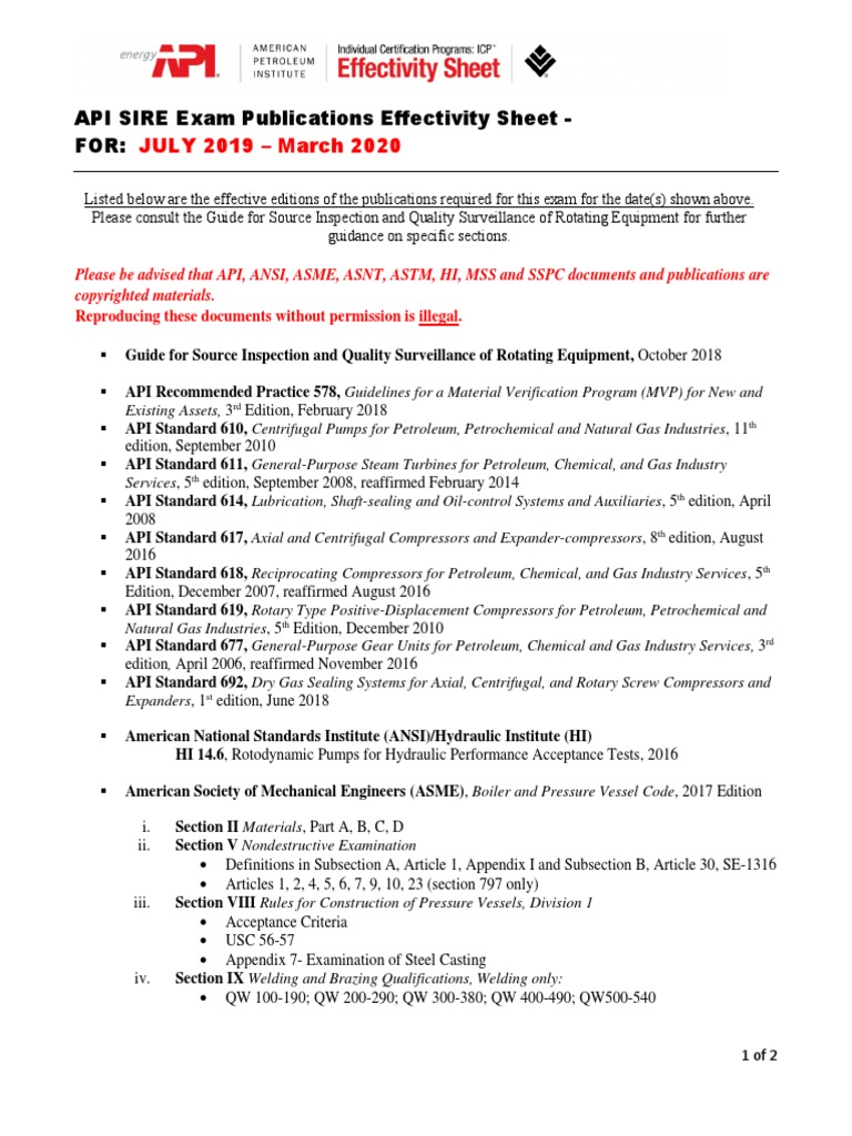 JULY 2019 - March 2020: API SIRE Exam Publications Effectivity Sheet ...