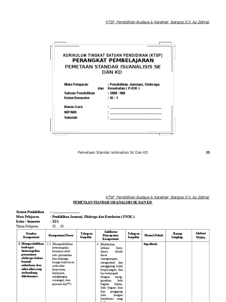 Pemetaan SK KD Penjas Kelas Xi SMT 1 | PDF