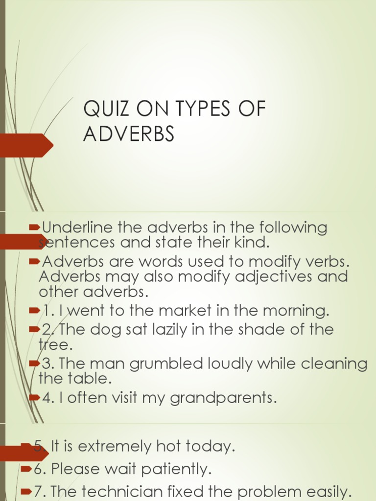 Quiz On Types of Adverb | PDF | Cooking, Food & Wine | Foreign Language ...