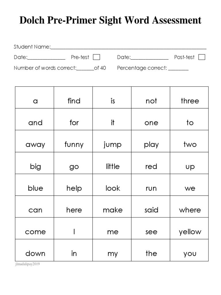 Dolch Pre-Primer Sight Word Assessment | PDF