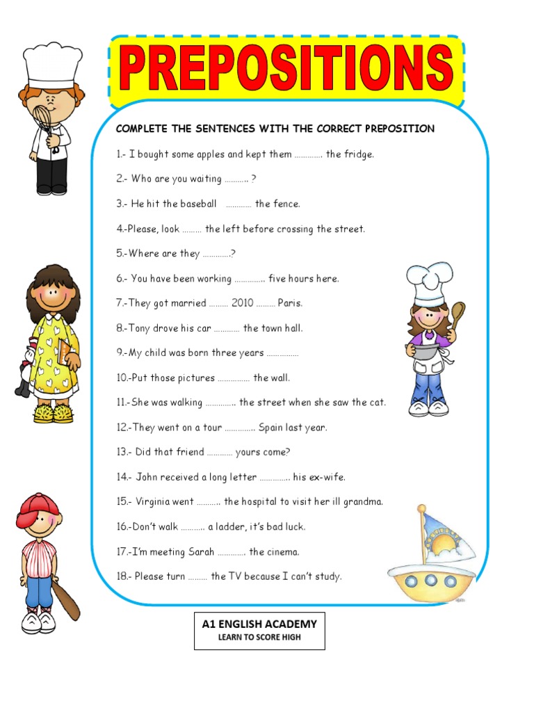 Complete The Sentences With The Correct Preposition: A1 English Academy ...