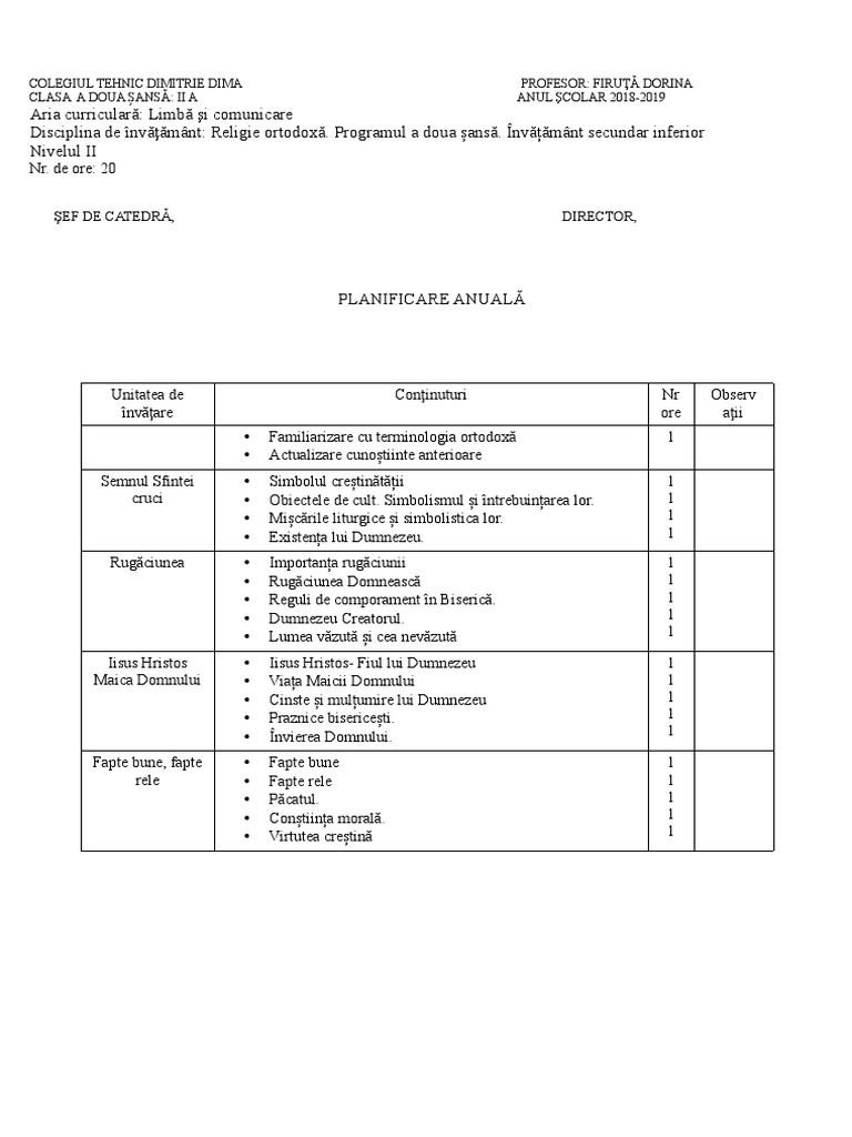 Planificare A Doua Sansa II. RELIGIE | PDF
