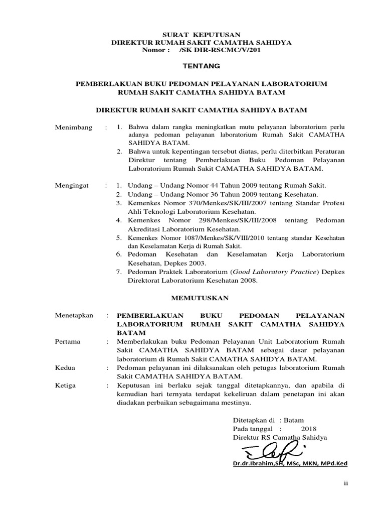 SK Pedoman Pelayanan Unit Laboratorium | PDF | Teknologi & Rekayasa