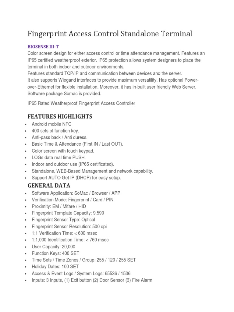 Fingerprint Access Control Standalone Terminal | PDF | Access Control ...
