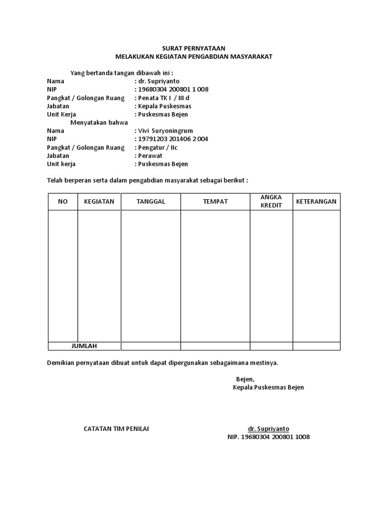 Surat Pernyataan Pengabdian Masyarakat Anik | PDF
