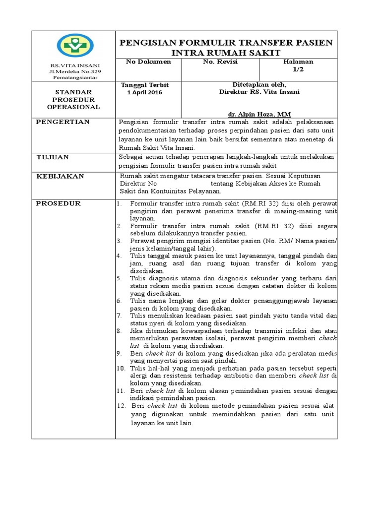 SOP Pengisian Formulir Transfer Pasien Inttra Rumah Sakit | PDF