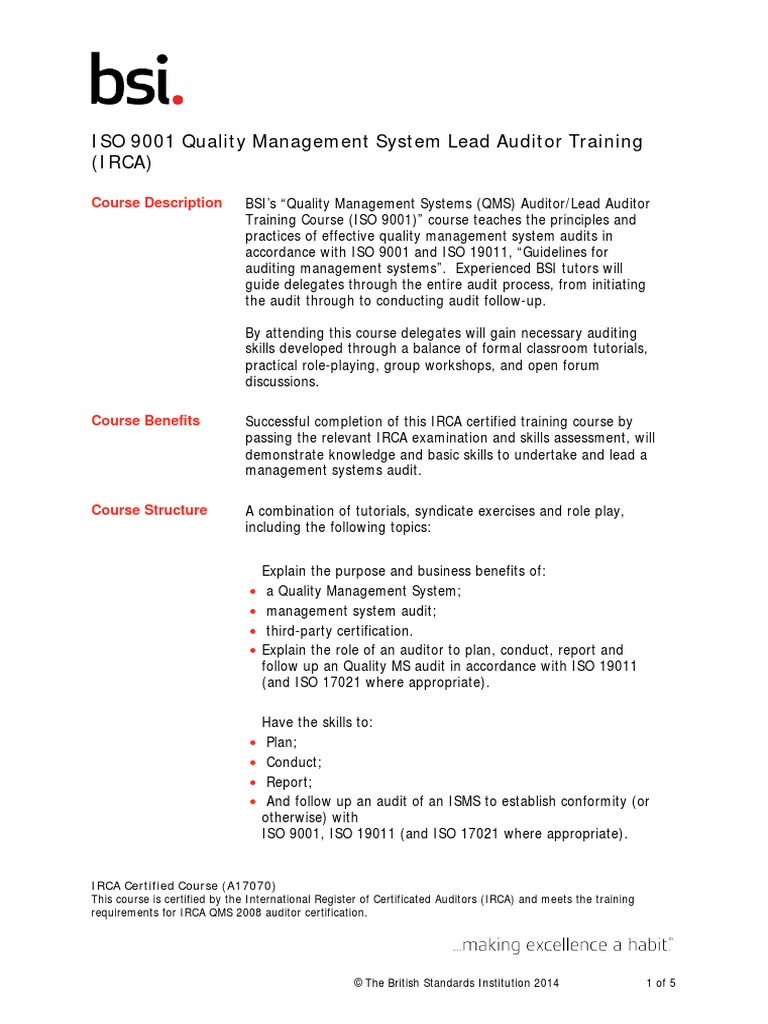ISO 9001 Quality Management System Lead Auditor IRCA PDF | PDF | Iso ...