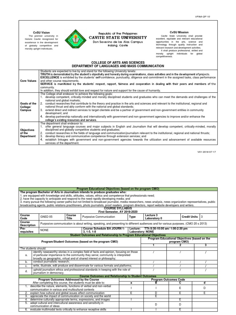 Purposive Communication Course Syllabus | PDF | Cross Cultural ...