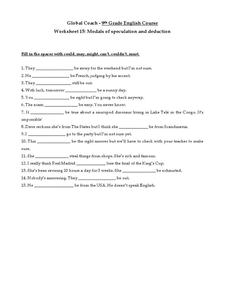Modal Verbs of Speculation and Deduction: A Worksheet for 9th Grade ...
