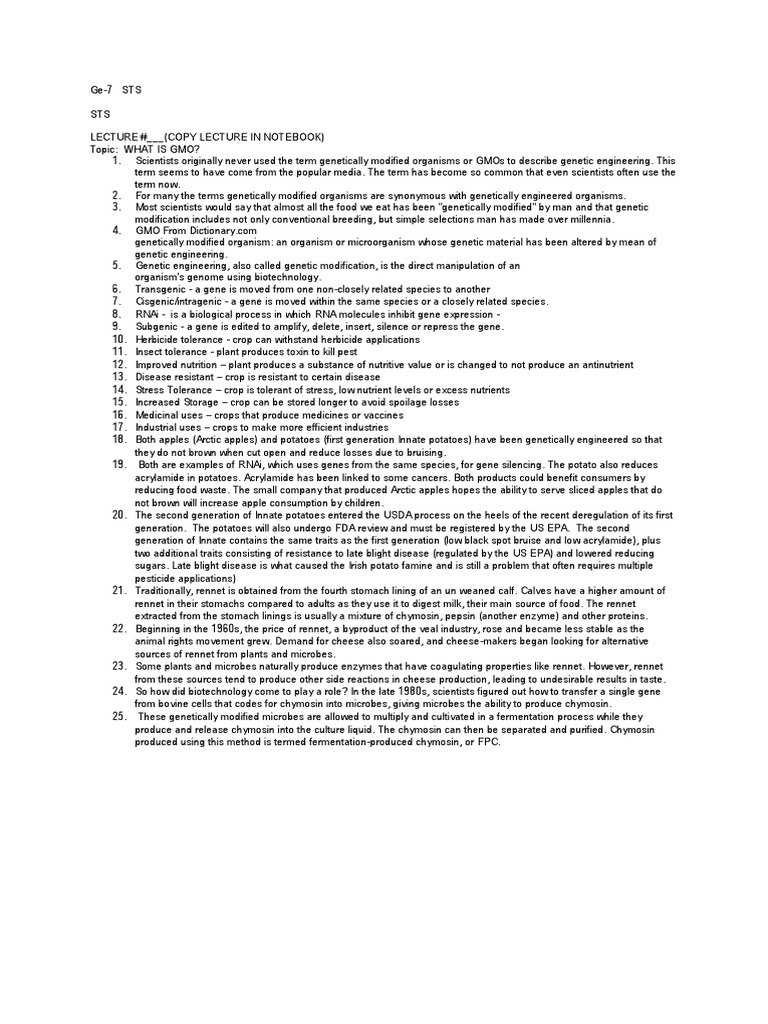 Sts Lecture | PDF | Genetically Modified Organism | Genetic Engineering