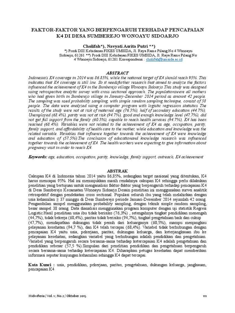 Faktor-Faktor Yang Berpengaruh Terhadap Pencapaian K4 Di Desa Sumberejo Wonoayu Sidoarjo | PDF ...