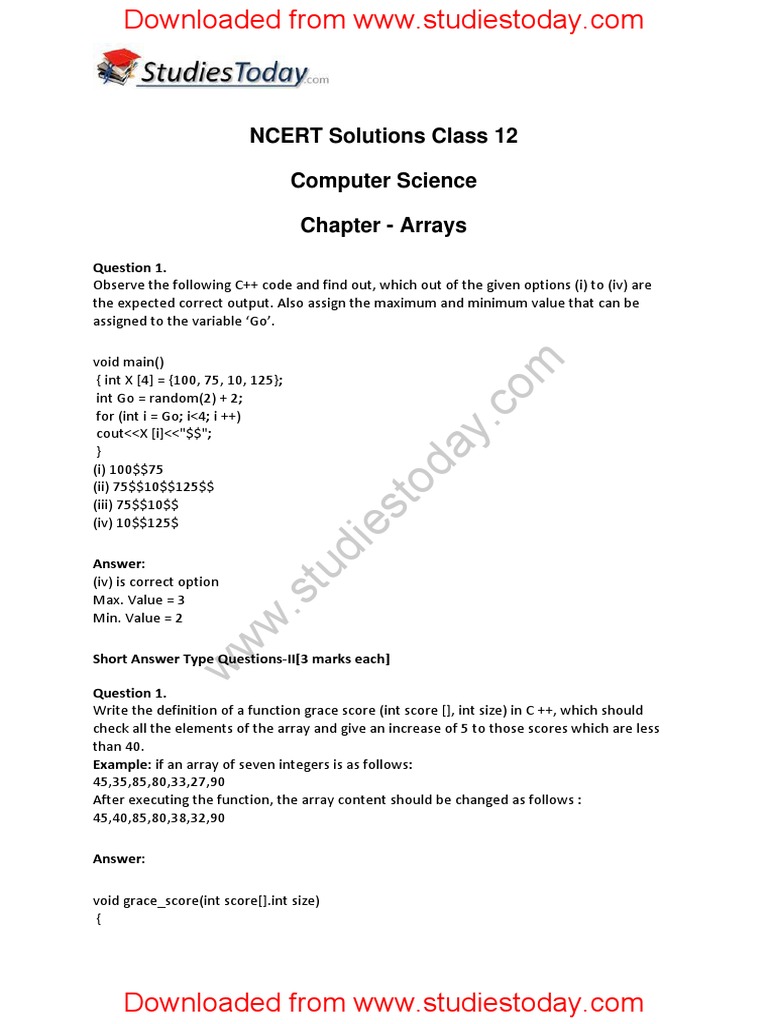 NCERT Solutions Class 12 Computer Science Chapter - Arrays | PDF | C (Programming Language ...