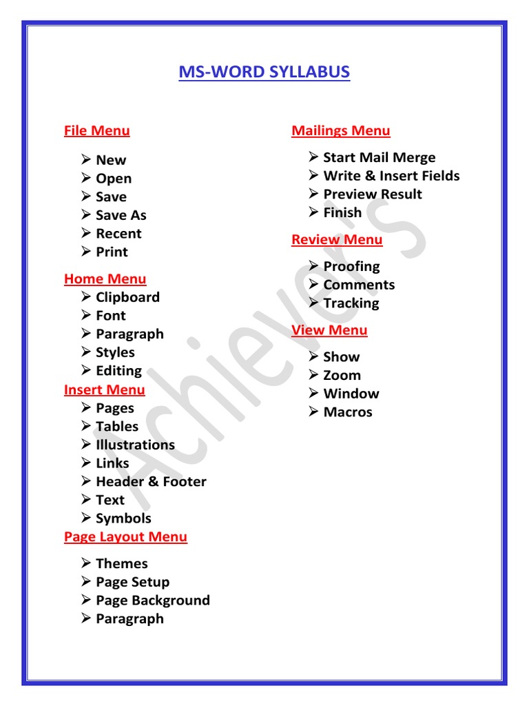 MS Word Syllabus: Menu Overview | PDF