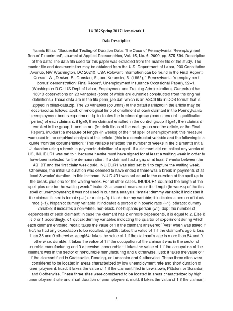 14.382 Spring 2017 Homework 1 Data Description | PDF | Dummy Variable ...