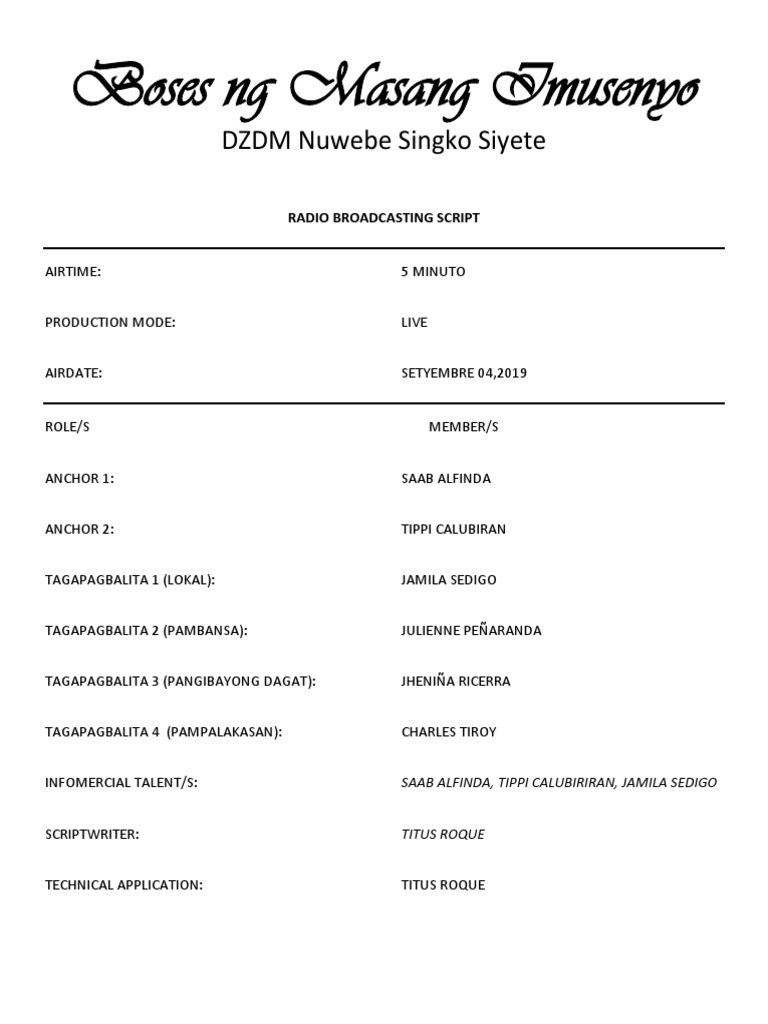 Radio Broad Filipino 2019 SCRIPT 1 Titus | PDF