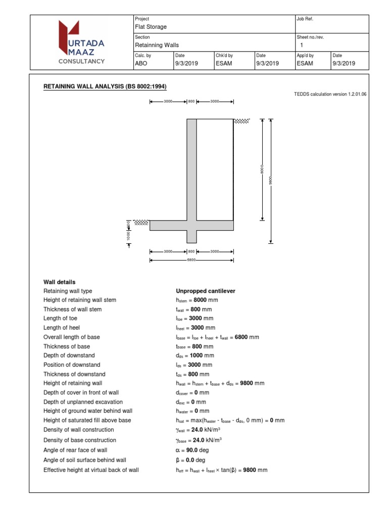 Retaining Wall Design Analysis BS 8002 | PDF | Shear Stress | Wall