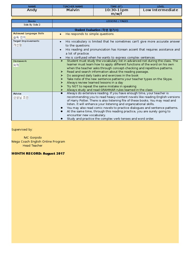 Malvin Beak's Language Progress Report | PDF | Vocabulary | English ...