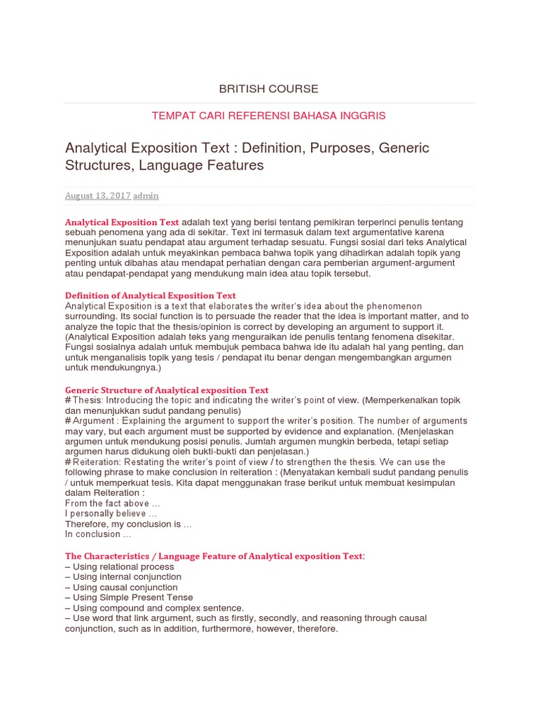Analytical Exposition Text: Definition, Purposes, Generic Structures, Language Features | PDF