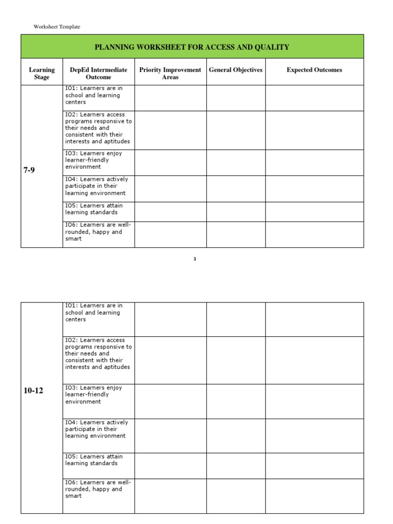 Planning Worksheet For Access and Quality | PDF