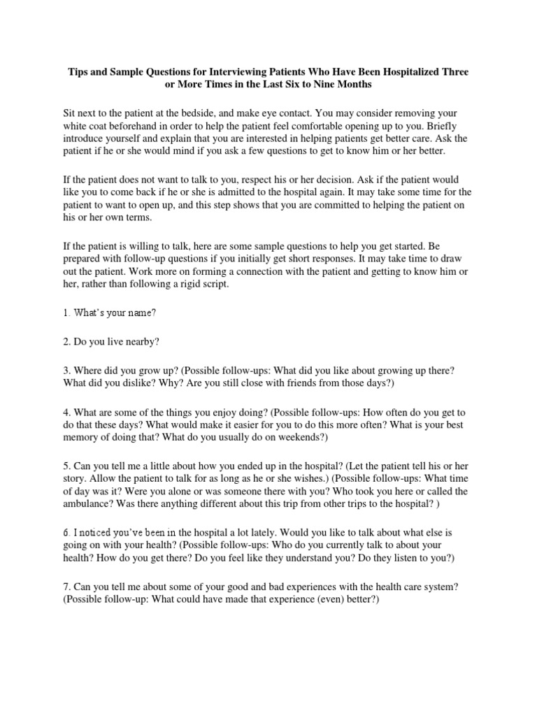 Tips and Sample Questions For Interviewing Patients Who Have Been ...