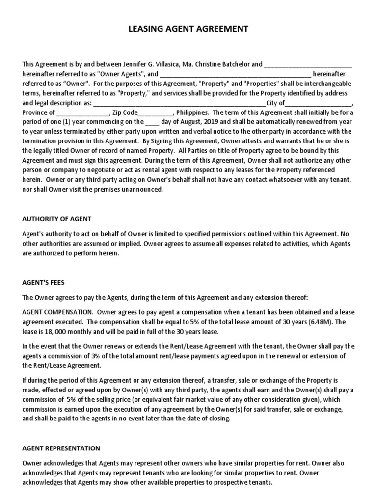 Owner and Agents Agreement | PDF | Lease | Leasehold Estate