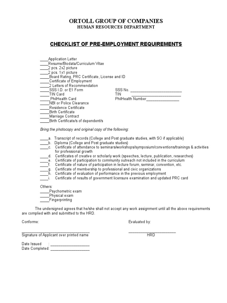 Ortoll Group of Companies: Checklist of Pre-Employment Requirements ...