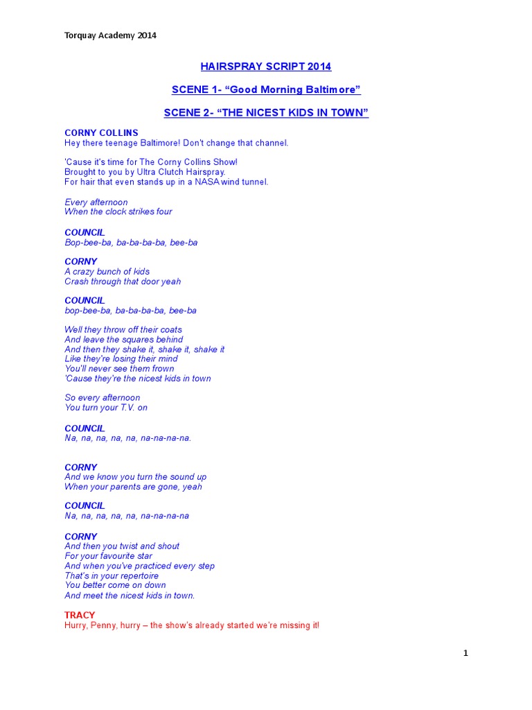 Hairspray Script 2014 SCENE 1-"Good Morning Baltimore" Scene 2 - "The Nicest Kids in Town" | PDF ...