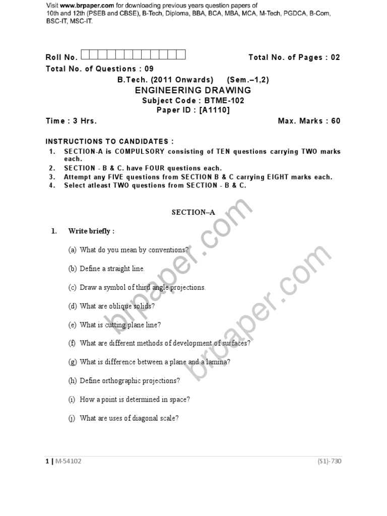 Engineering Drawing Exam with Sections A, B and C | PDF | Euclidean ...