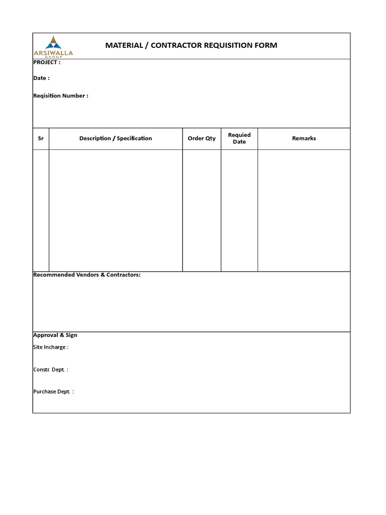Material / Contractor Requisition Form: Project: Date: Reqisition ...