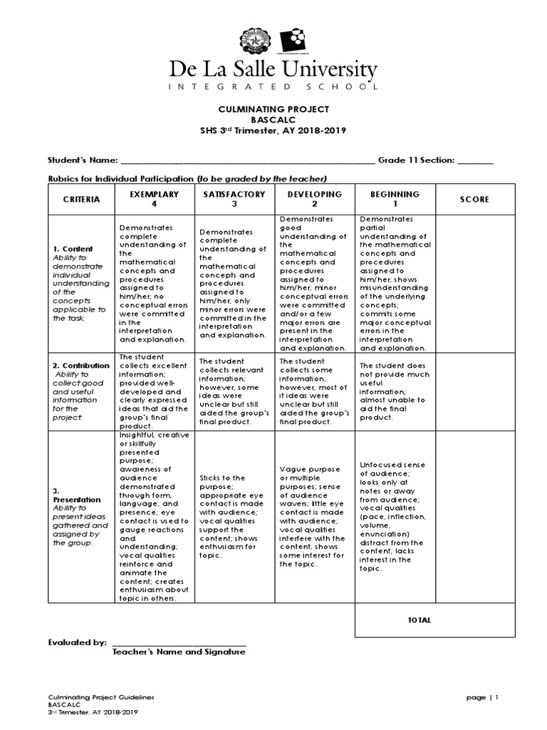 BASCALC Culminating Project Rubrics Individual | PDF | Rubric (Academic ...