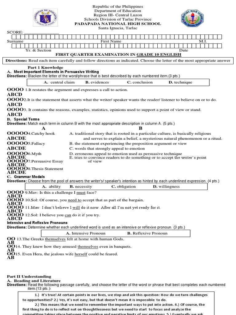 k12 Grade 10 English Test Questions | PDF | Helen Keller | Argument