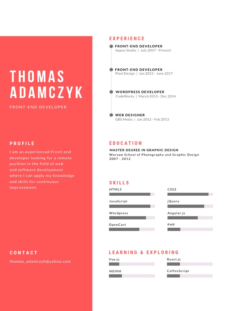 Front-End Developer Resume of Thomas Adamczyk | PDF